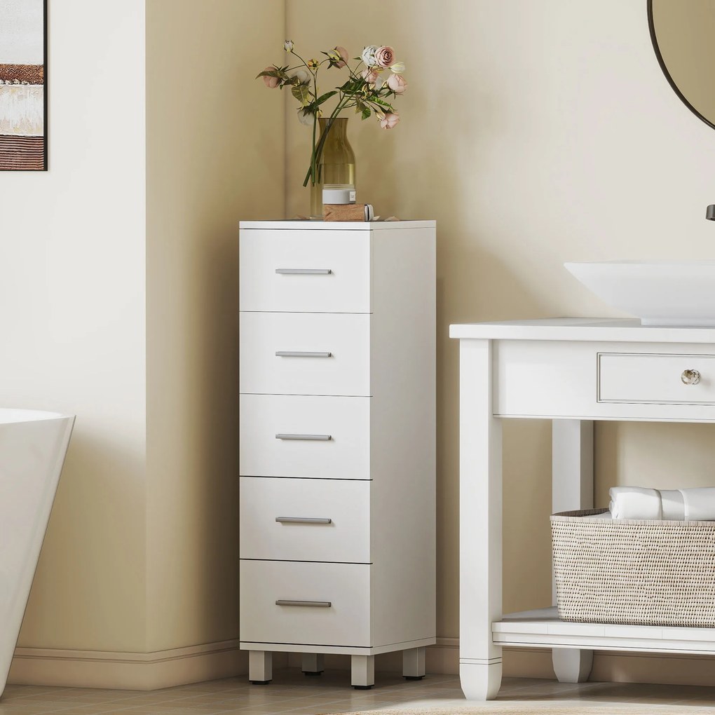 HOMCOM komoda s 5 zásuvkami, úzká moderní úložná skříň do ložnice, předsíně nebo obývacího pokoje, 30 x 95 cm, bílá