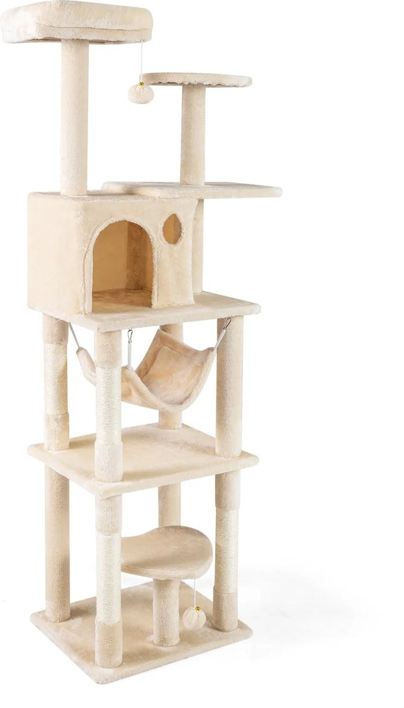 Costway Kočičí strom 168 cm Vícepatrové škrabadlo s domečkem pro kočky