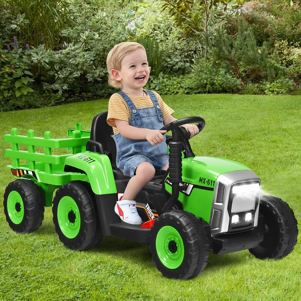 Costway 12 V dětský traktor s odnímatelným přívěsem a dálkovým – tmavě zelená