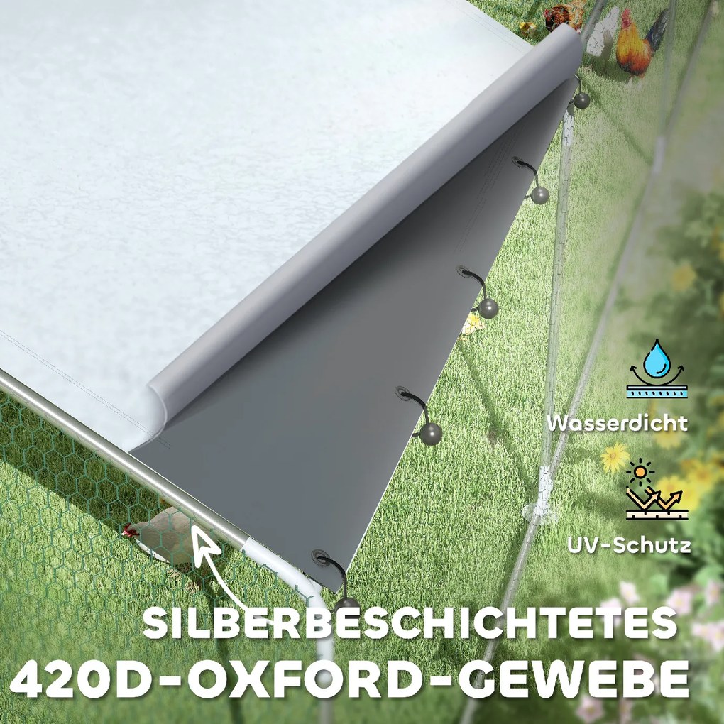 Ocelový výběh pro kuřata PawHut, 300 x 800 x 195 cm, klec pro kuřata s krytem odolným proti UV záření, dvířka na krmení, závěsné krmítko, bidýlko, vý…