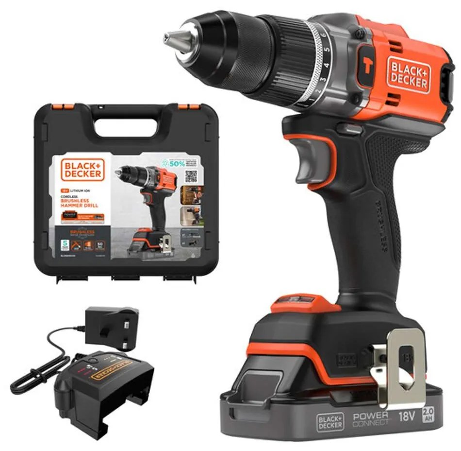 BLACK+DECKER Nářadí - 18V AKU vrtačka s příklepem, 1x aku 2,0 Ah Li-Ion, nabíječka BLD683D1XK-QW