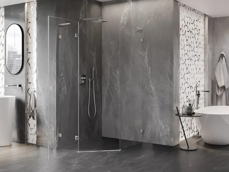 Mexen Lunar, L pětiúhelníkový sprchový kout naklápěcí doleva 80 x 90 cm, 8mm čiré sklo, ocelový profil, 831L-080L-090P-97-00-L
