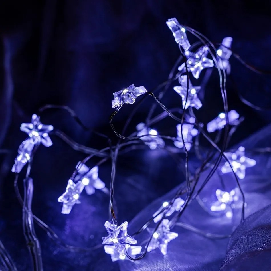 LED světýlka na baterie, hvězdičky, 2,3 m, ledově bílá, 20 diod, drátek, IP20 interiér, 3 × AA