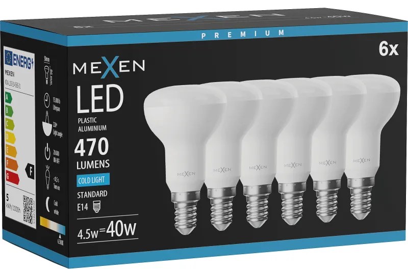 Mexen Nova 6x LED žárovka E14, R50, 4,5W, Studená - 6500K, 470 lm - L103-E14-0565-01x06