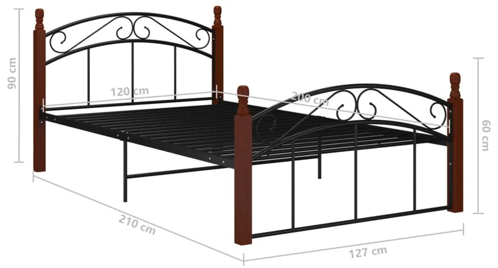 vidaXL Marketos Rám postele černý kov a masivní dubové dřevo 120 x 200 cm
