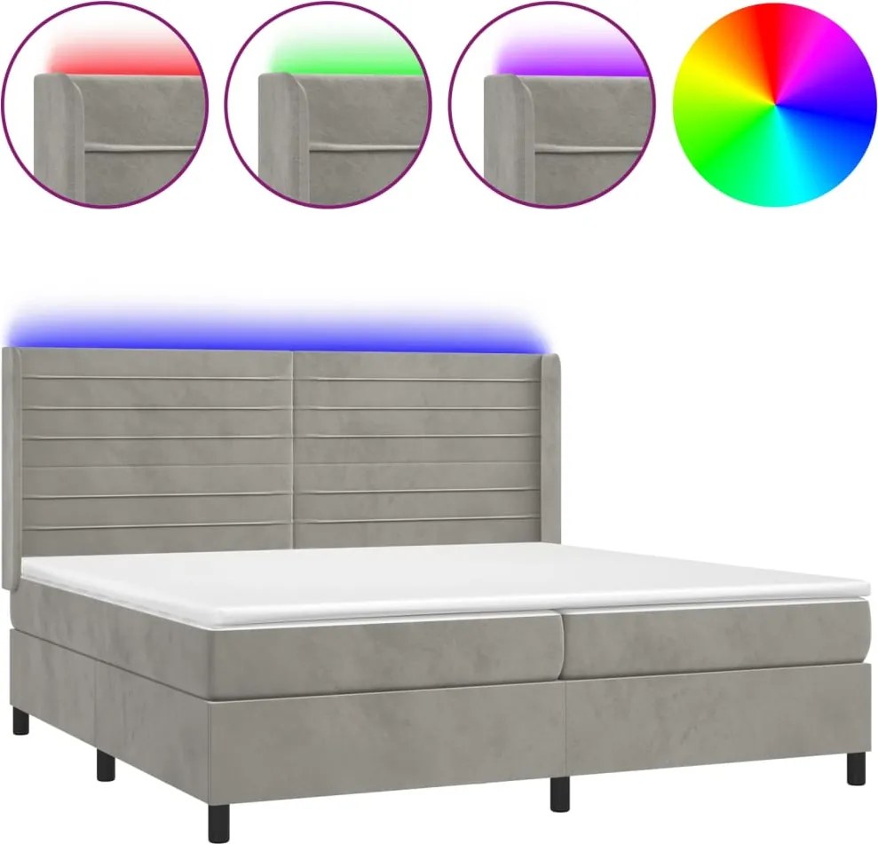 Box spring postel s matrací a LED světle šedá 200x200 cm samet 3139643