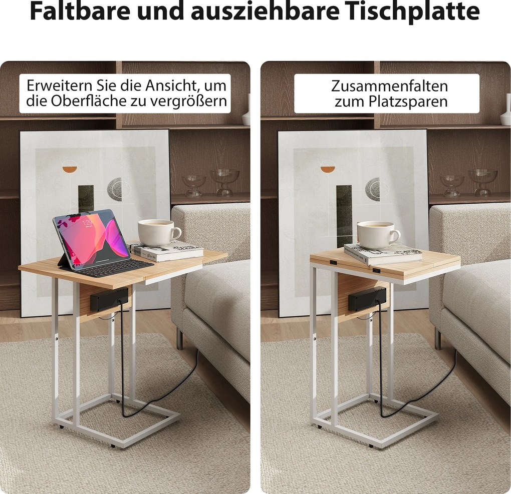 HOMCOM Skládací příruční stolek, nabíjecí stanice s USB porty, kov, 39 x 29 x 57 cm, barva dřeva