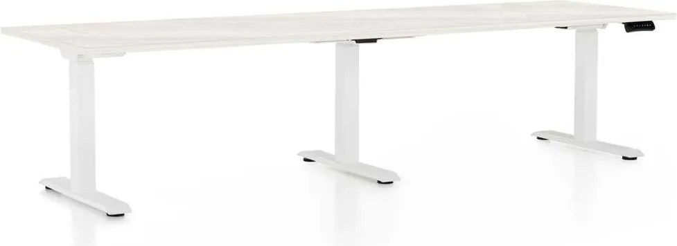 Výškově nastavitelný stůl OfficeTech Long, 260 x 80 cm, bílá podnož, bílý jasan