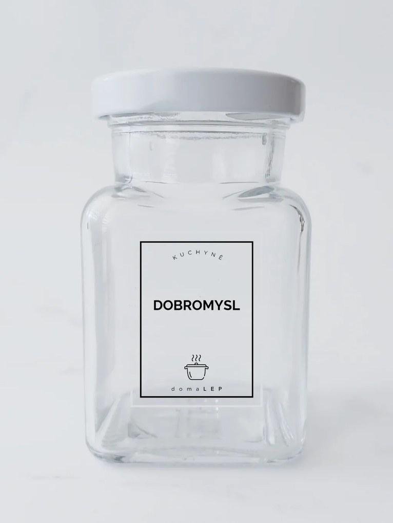 Samolepka na kořenky DOBROMYSL průhledná 3 × 4 cm tučné písmo