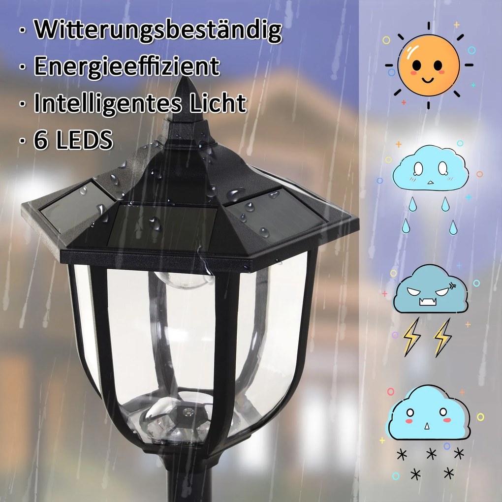 Zahradní solární světlo Outsunny LED zahradní lucerna 30/60 lumenů, černý plast, Ø26,5 x H177 cm, ideální pro zahradu a terasu