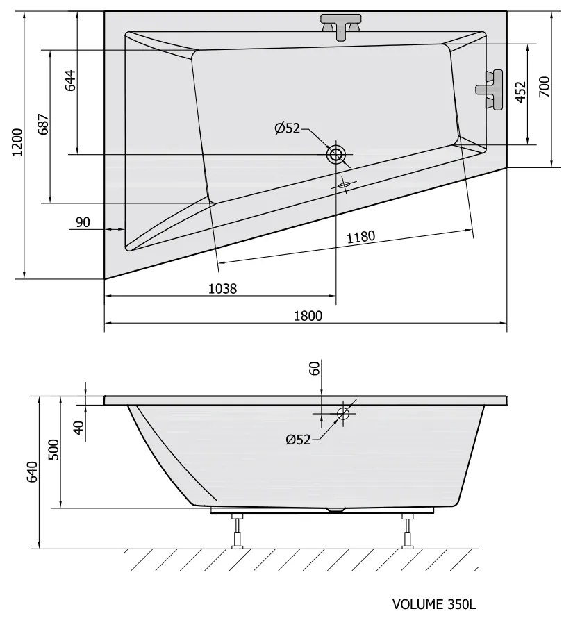 Polysan TRIANGL L asymetrická vana 180x120x50cm, bílá 19611