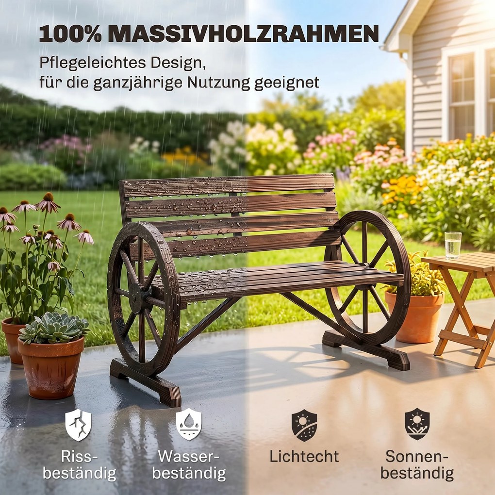 Outsunny Zahradní Lavice Dřevěná Rustikální Lavice s Kolečkovými Opěrkami Wagon Wheel Lavice Venkovní Lavice Terasová Lavice Parková Lavice z Masivní…