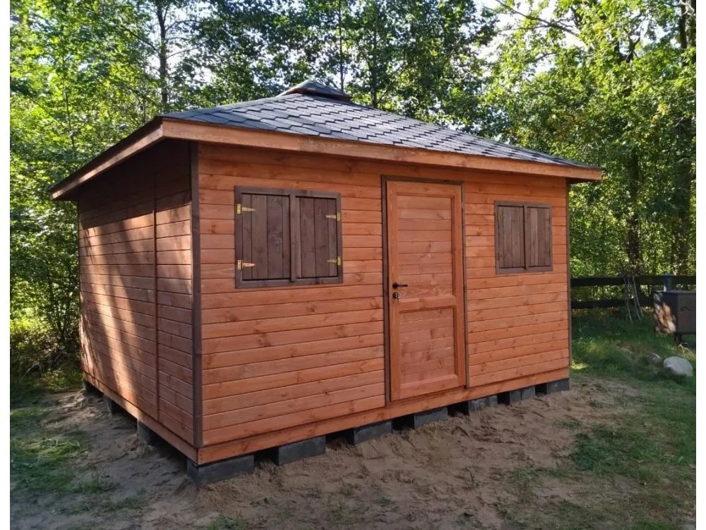 Dřevěný zahradní domek KLASIK D se skladem a dřevníkem