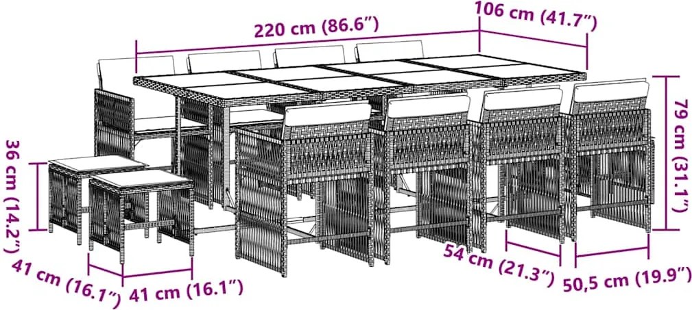 13dílný zahradní jídelní set s poduškami hnědý polyratan 3211701