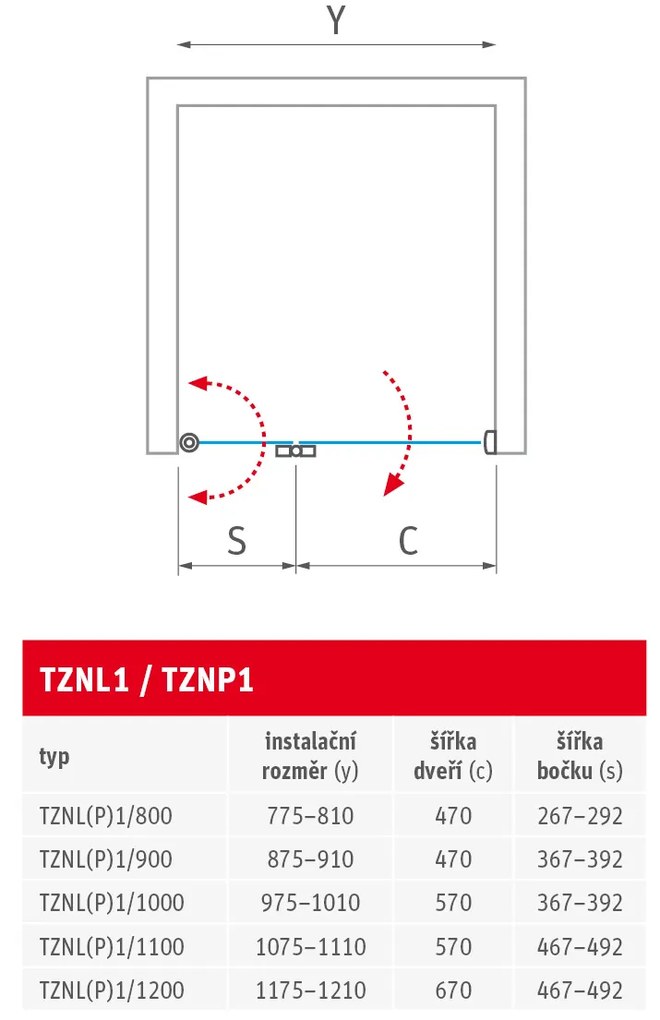 Roth Sprchové dveře TZNL1, TZNP1 pro instalaci do niky - bez vaničky Varianta: šířka: 110 cm, orientace: Levá - (TZNL1 1100 - 739-110000L-00-02), Barva profilů a typ výplně: profily: brillant, výplň: transparent