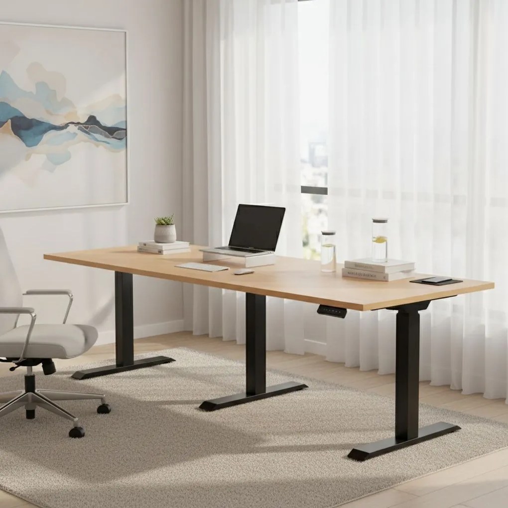Výškově nastavitelný stůl OfficeTech Long, 240 x 80 cm, černá podnož, buk