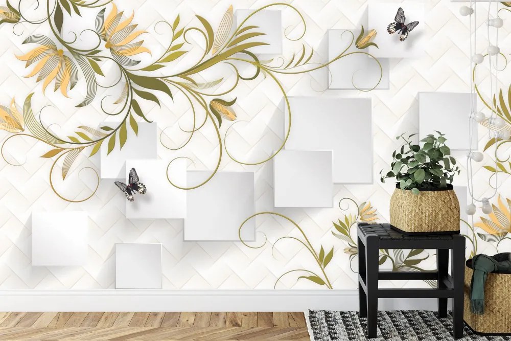 Fototapeta Abstract Floral And Butterfly Background With Frame For 3D Living Room Bedroom Tv 3D Wallpaper Home Decoration Mural Wallpaper For Walls Hladký vinyl 208x146