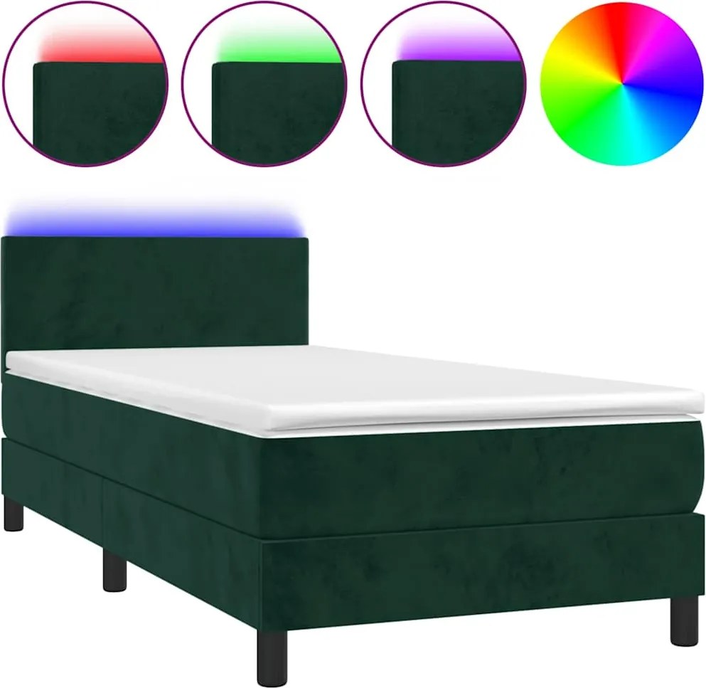 Box spring postel s matrací a LED tmavě zelená 80x200 cm samet 3134252