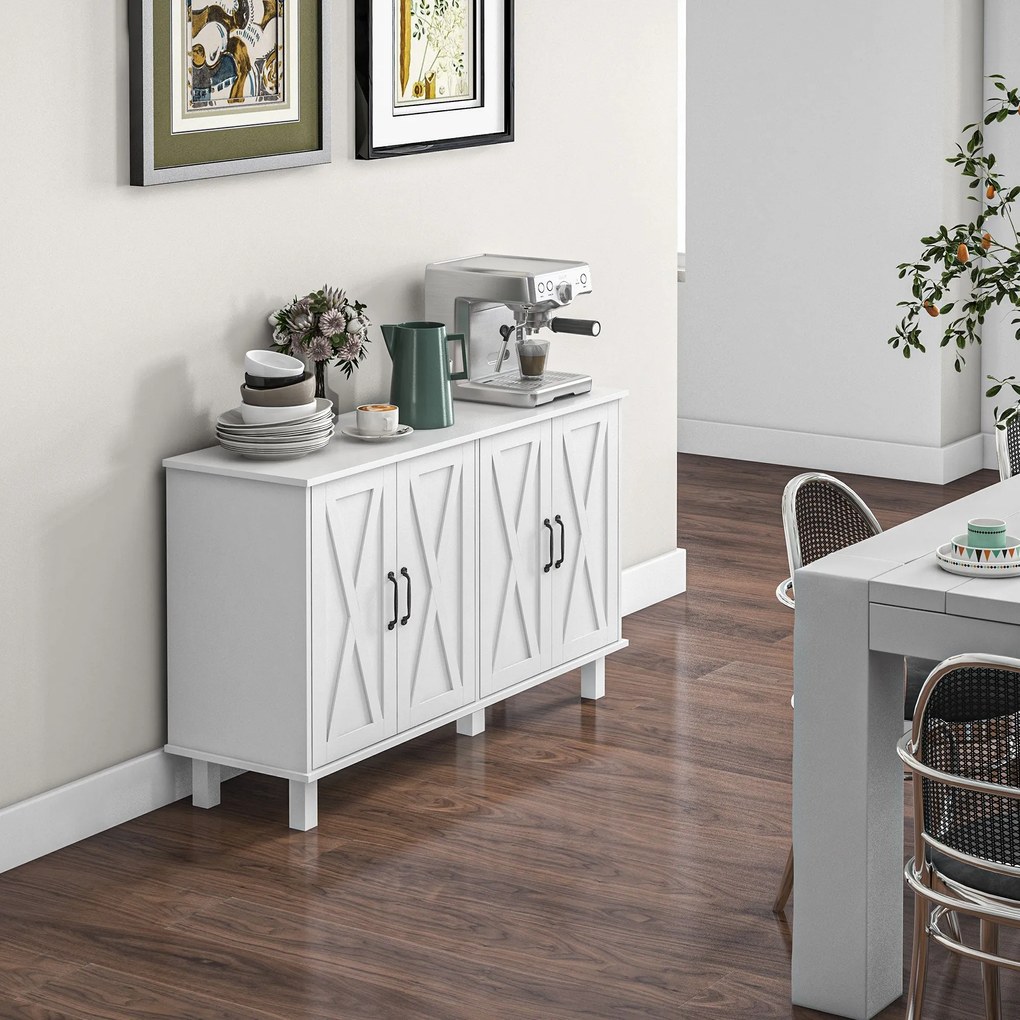 HOMCOM nízký úložný kabinet v country stylu, kuchyňský bufet se 2 dvoukřídlovými skříňkami a nastavitelnými policemi 120 x 37 x 75 cm - Bílý | Aosom