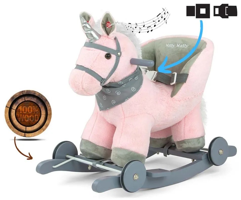 Houpací koník s melodií a kolečky Milly Mally Polly růžový