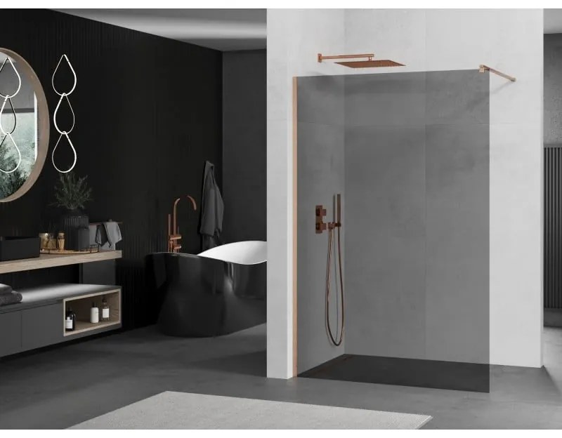 Mexen Kioto, sprchová zástěna Walk-In 120 x 200 cm, 8mm šedé sklo, měděný matný profil, 800-120-101-65-40