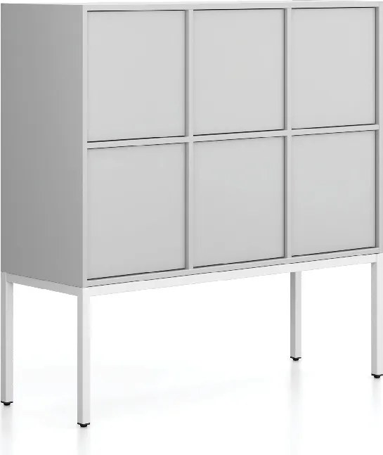 Kancelářská skříň FRAME, nízká, bílá podnož, 6x dveře, 1299 x 450 x 1331 mm, PUSH-lock, šedá