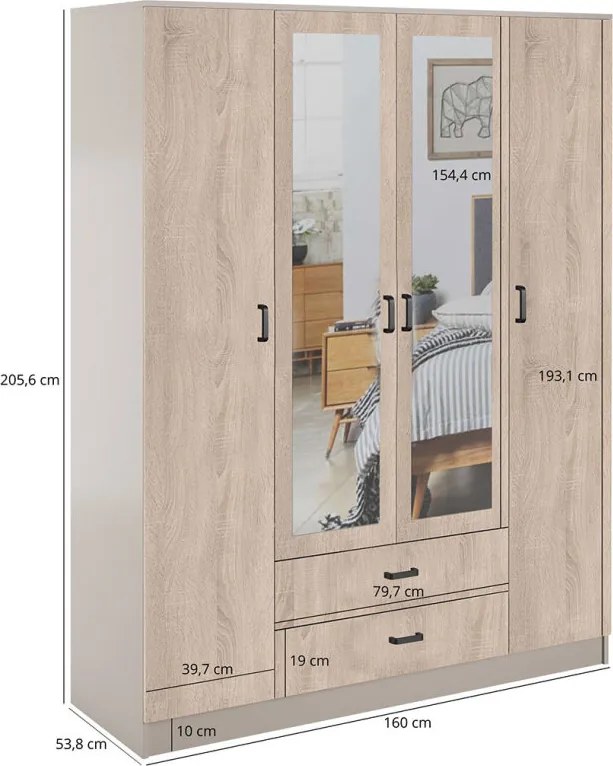 Skříň se zrcadlem 4d2s kašmír / dub sonoma Kami