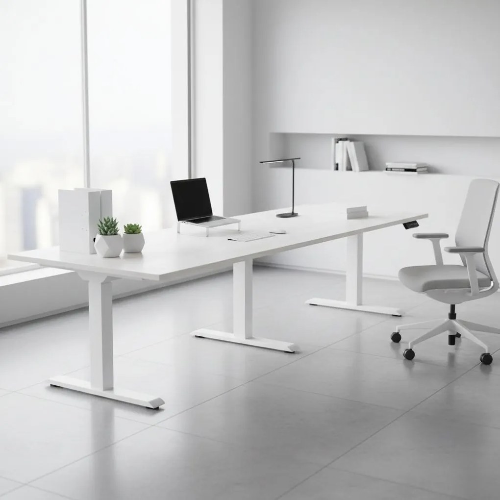 Výškově nastavitelný stůl OfficeTech Long, 260 x 80 cm, bílá podnož, bílý jasan