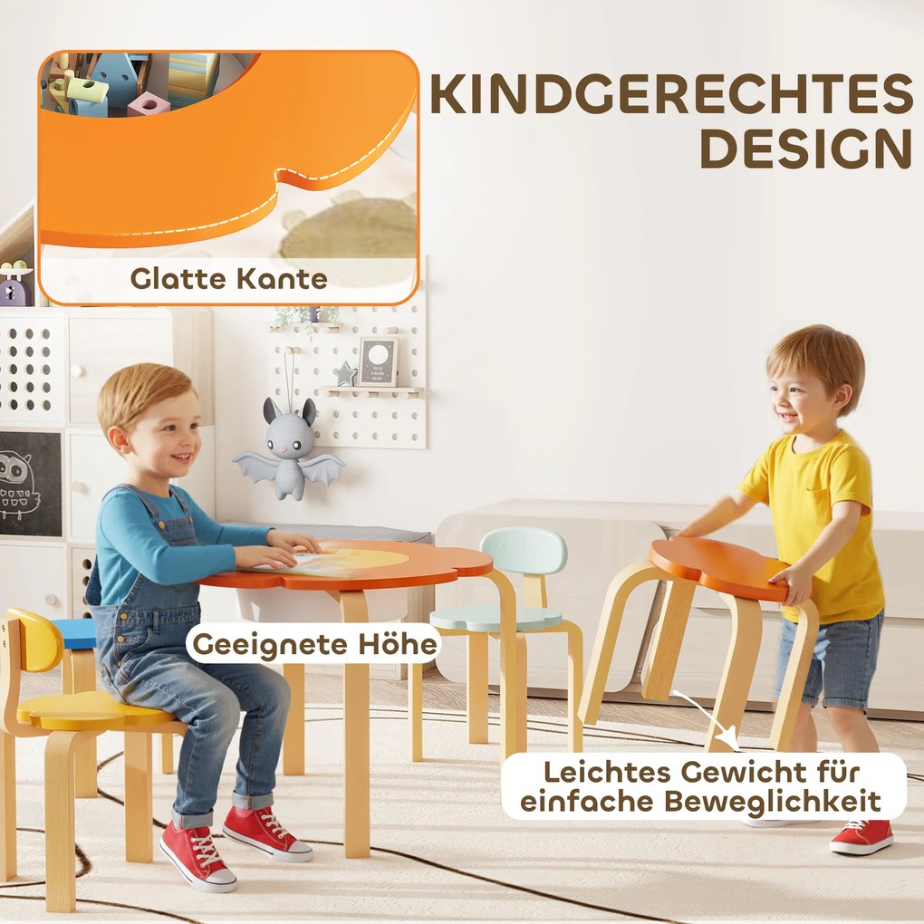 5dílná dětská sada stolu a židlí, s úložnou taškou, ve tvaru květiny, do dětského pokoje, dřevo, barevné provedení