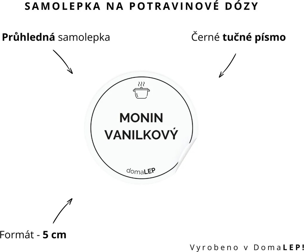 MONIN VANILKOVÝ - omyvatelná samolepka na dózu, výběr rozměrů Ø 5 cm / 5 x 5 cm / 6 x 8 cm | DomaLEP tvar: OBDÉLNÍK, barva: PRŮHLEDNÁ - ČERNÉ písmo, velikost: š. 6 cm x v. 8 cm – základní písmo