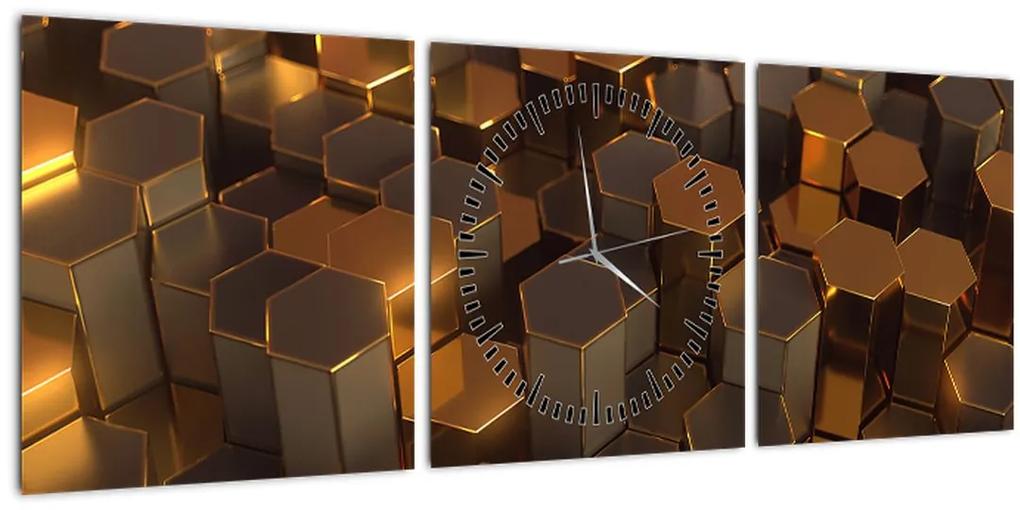 Obraz - Bronzové hexagony (s hodinami) (90x30 cm)
