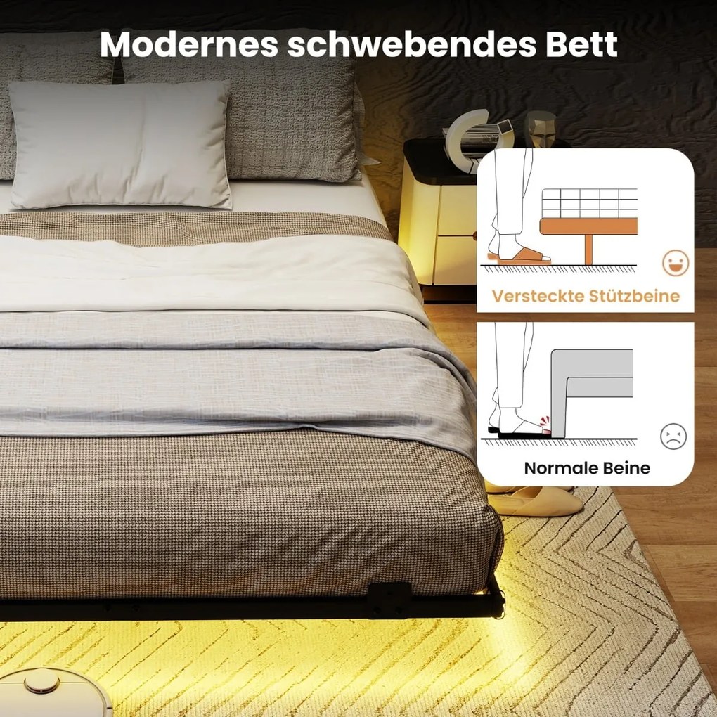 Costway Rám dvoulůžka plovoucí postel s LED světly moderní rám z kovu černé