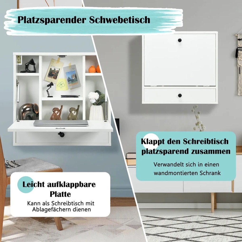 Costway Nástěnný skládací stůl s úložnými přihrádkami a zásuvkový pro malé
