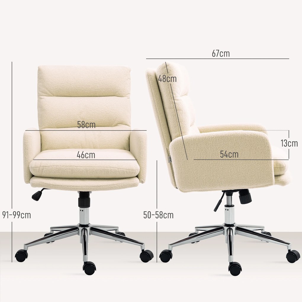 HOMCOM Ergonomická kancelářská židle s opěrkou na ruce, design z umělé ovčí vlny, výškově nastavitelná otočná židle s funkcí náklonu, polstrovaná kan…
