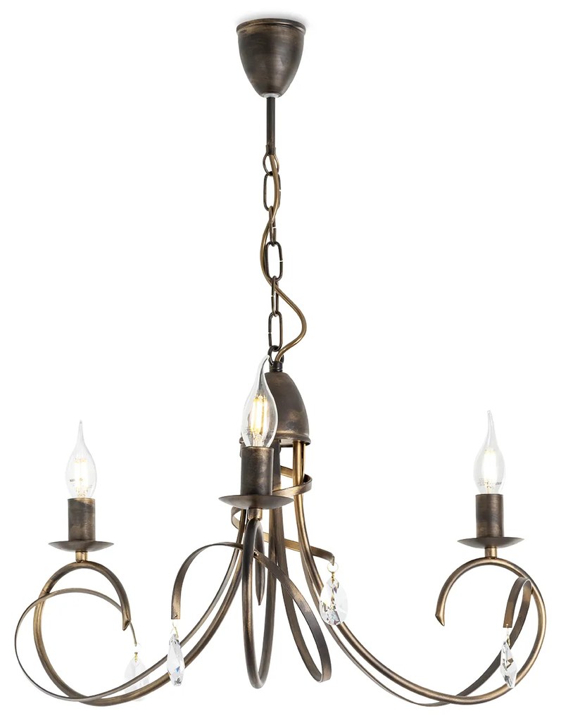 Light for home - Závěsný lustr na řetězu 18503 "VIRGINIA CRYSTAL", 3X40W, E14, hnědá, zlatá, patina