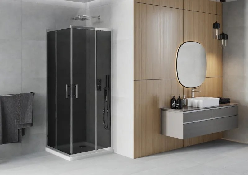 Mexen Rio čtvercový sprchový kout 80 x 80 cm, 5mm sklo, šedé sklo, chromový profil + slim sprchová vanička 5cm, 860-080-080-01-40-4010