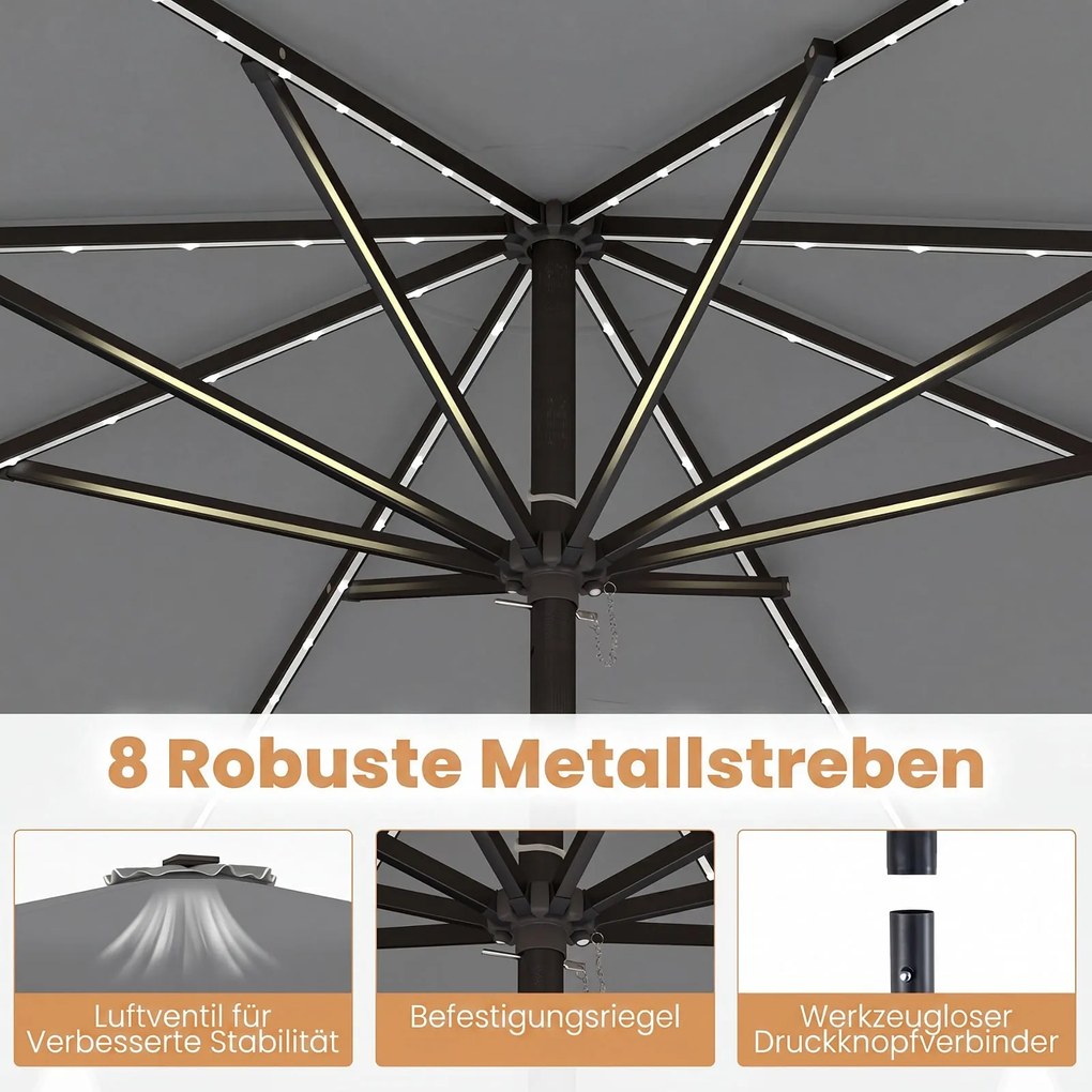 Costway Slunečník 270 cm s LED solárním osvětlením Větruodolný s 8 žebrováním
