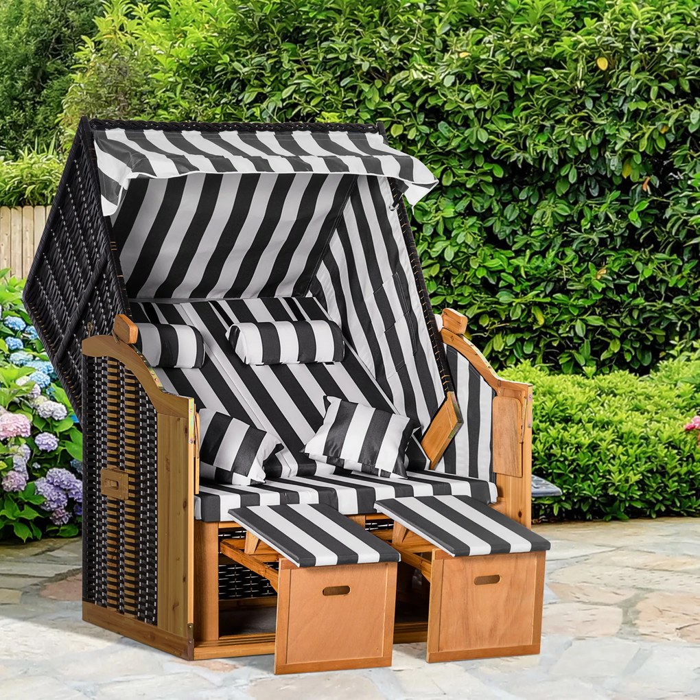 Plážové lehátko Outsunny se stříškou a držákem na nápoje, 5stupňové opěradlo, PE ratan šedobílá, 118x79x160cm, na zahradu a terasu