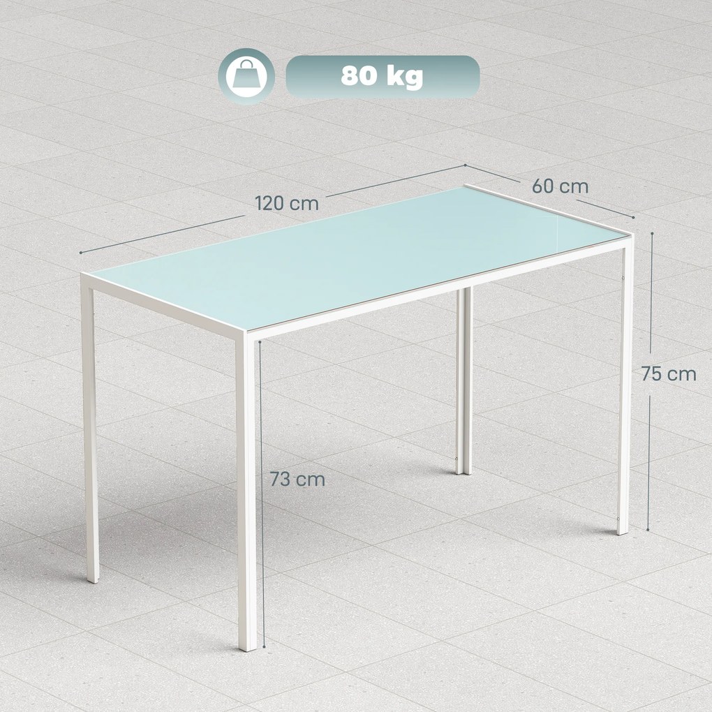 HOMCOM Skleněný Jídelní Stůl Obdélníkový pro 4-6 Osob s Metalickými Nohami Multifunkční do Kuchyně a Obývacího Pokoja 120x60x75 cm Bílý