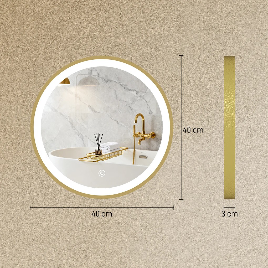 HOMCOM LED koupelnové kulaté zrcadlo 40 cm, nástěnné osvětlené zrcadlo se 3 barevnými teplotami, stmívatelné, zlaté