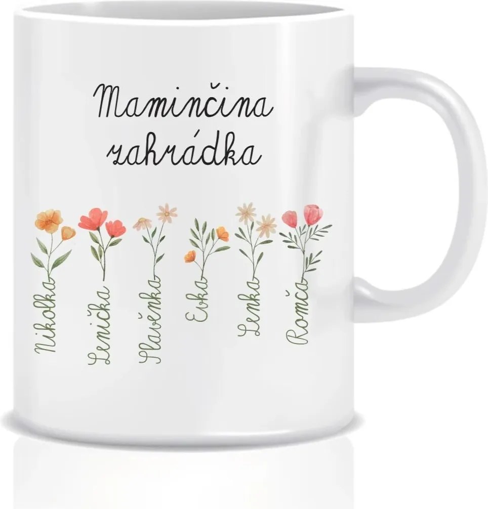 Personalizovaný klasický bílý keramický hrníček 300 ml s maminčinou zahrádkou