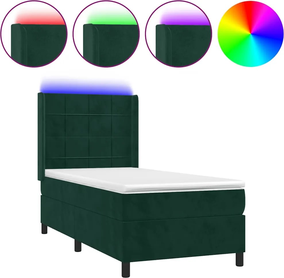 Box spring postel s matrací a LED tmavě zelená 80x200 cm samet 3139532