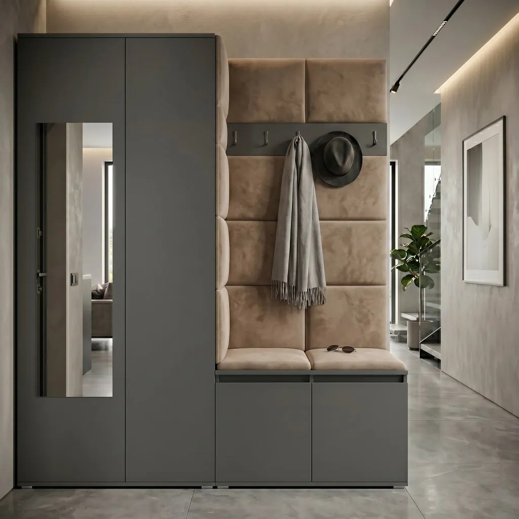 Předsíňová stěna Trinity 8 s čalouněnými panely, 190 cm, grafit/ béžová