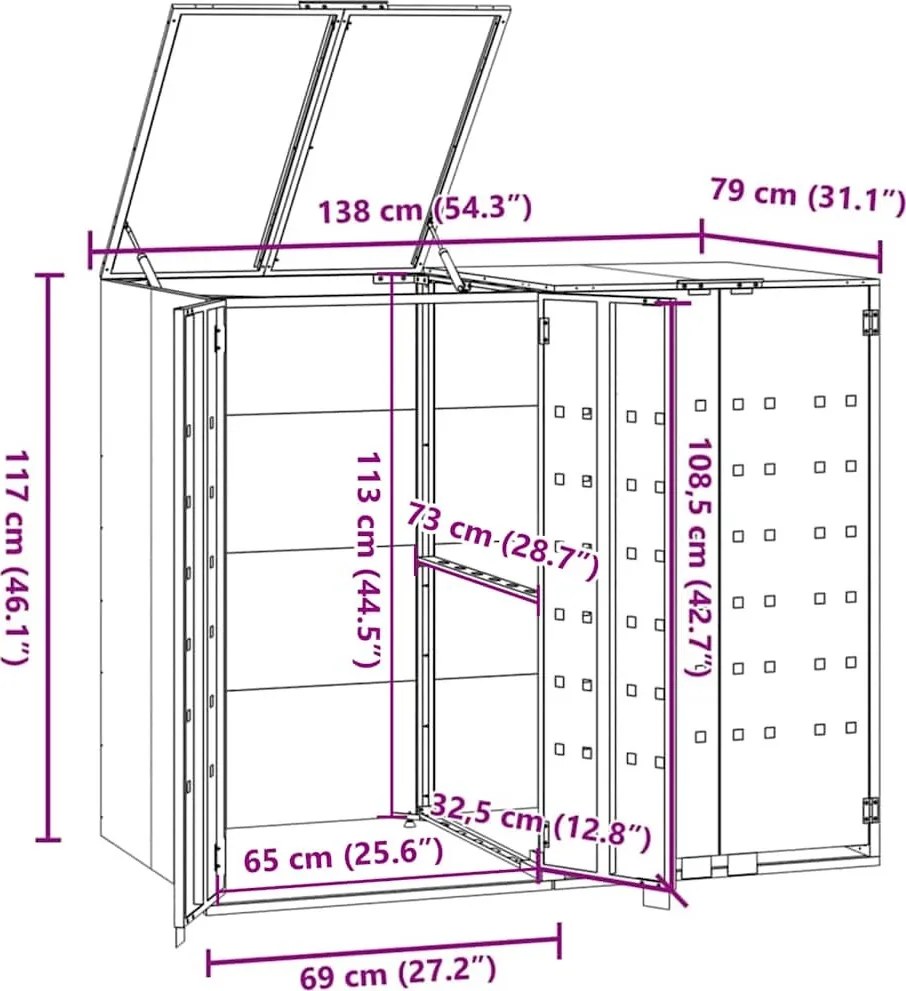 vidaXL Box na 2 popelnice 138 x 79 x 117 cm ocel [3279977] Barva: Černá