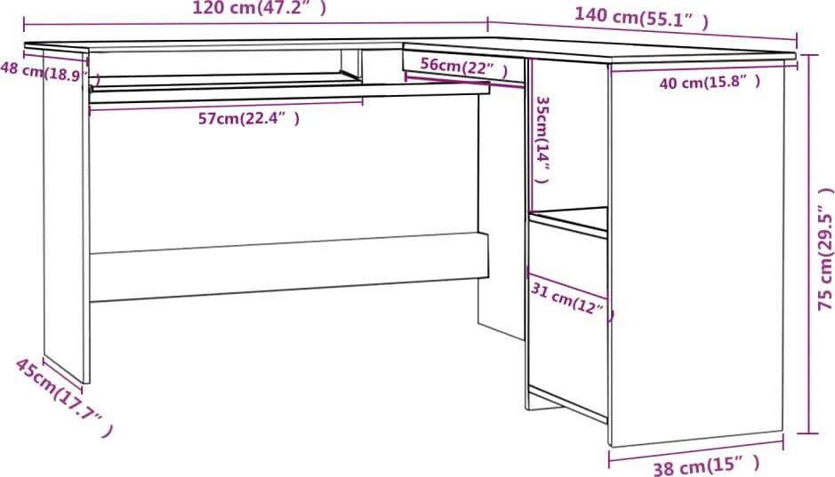 vidaXL Rohový psací stůl 120 x 140 x 75 cm dřevotříska [800750] Barva: bílá s vysokým leskem