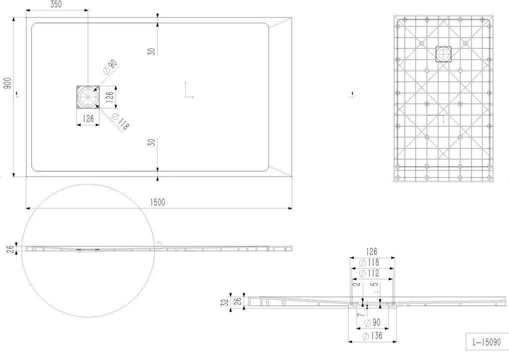 Erga Hyper, SMC sprchová vanička 150x90x2, 6 cm + sifon, bílá matná, ERG-V06-SMC-9015S-WH