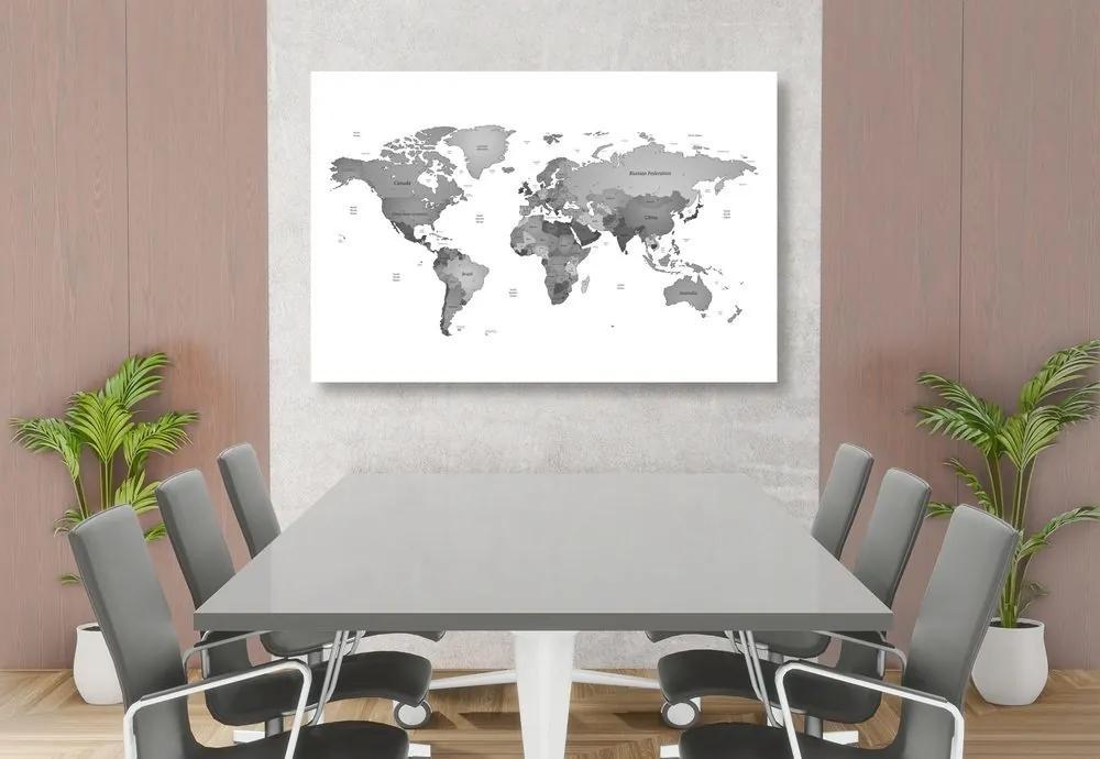 Obraz mapa světa v barvách černobílé - 120x80 cm