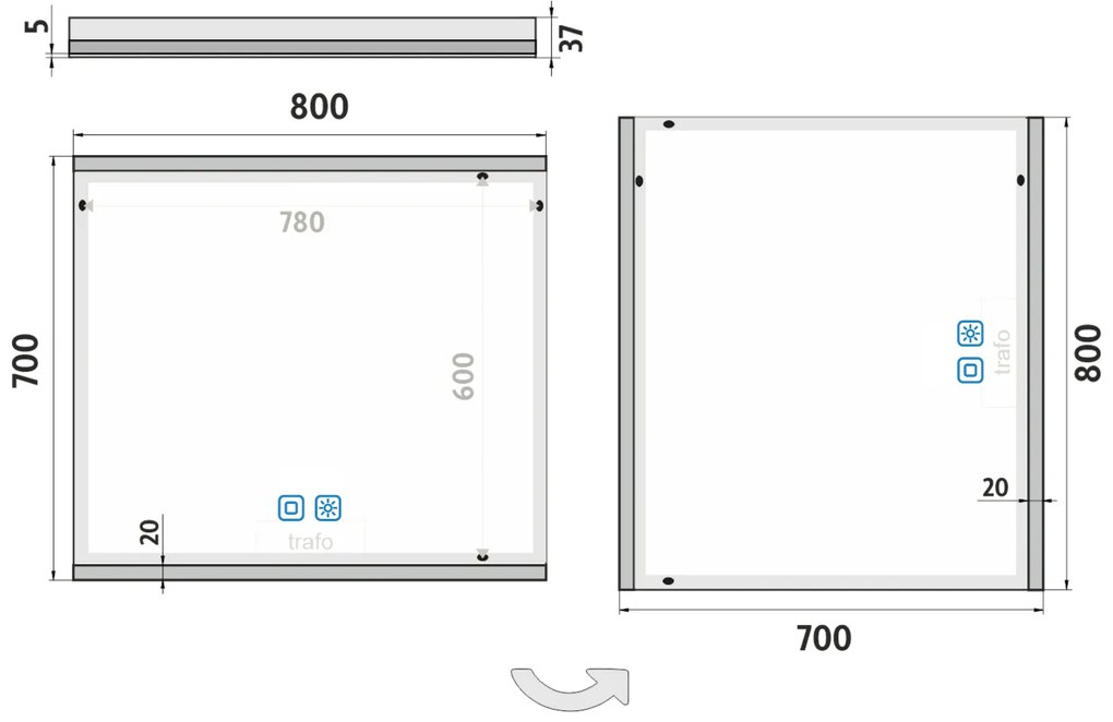 Nimco LED zrcadlo 800x700 se dvěma dotykovými senzory - ZP 12003VX