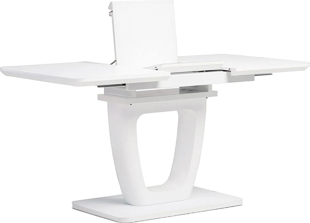 Jídelní stůl 110+40x75 cm, bílá 4 mm skleněná deska, MDF, biely matný lak