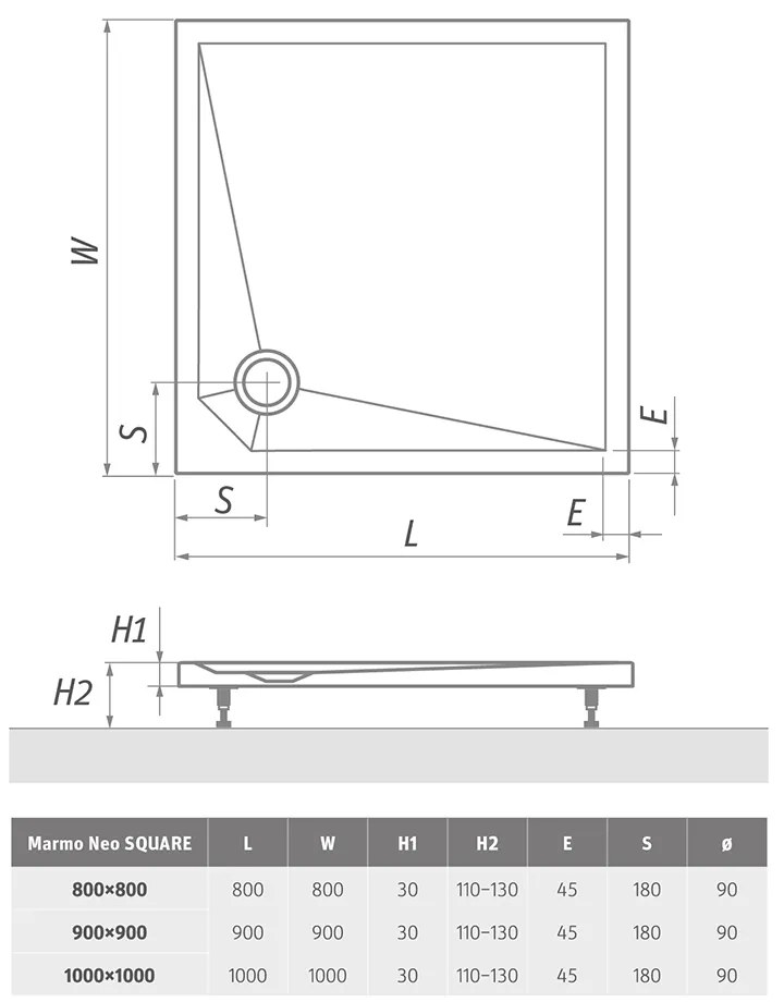 Roth Čtvercová sprchová vanička z litého mramoru MARMO NEO SQUARE-S Varianta: rozměry: 80x80 cm - (MARMO NEO SQUARE-S 800 - MAN SQ 080080 2E)